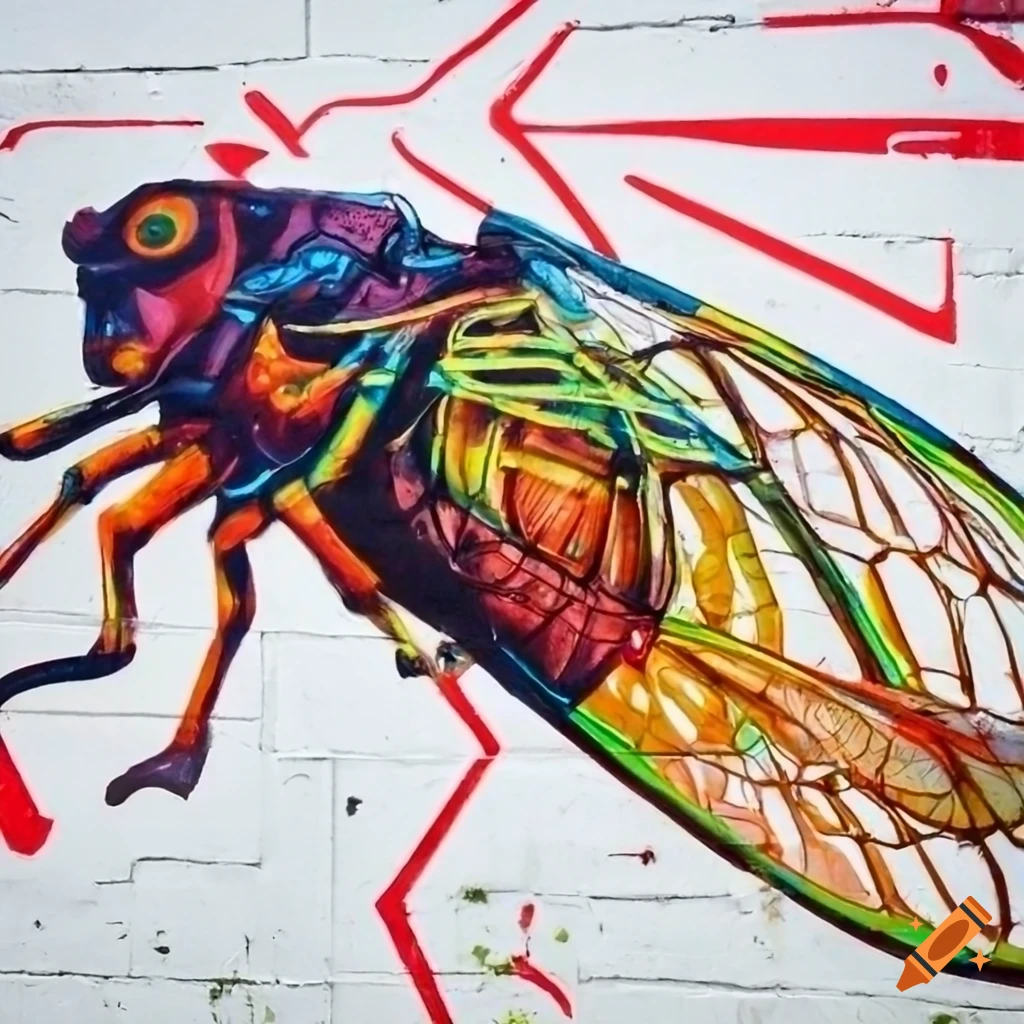 Colorful cicada street art with graffiti on white wall on Craiyon