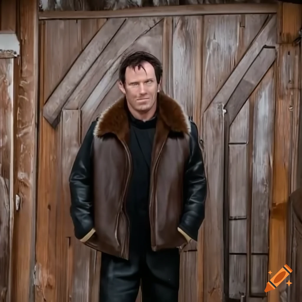 Actor resembling jason isaacs at 20 in a brown sheepskin bomber jacket ...