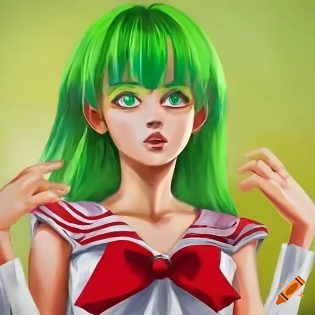 Yellow-green-haired dragon ball girl in sailor scout attire on Craiyon