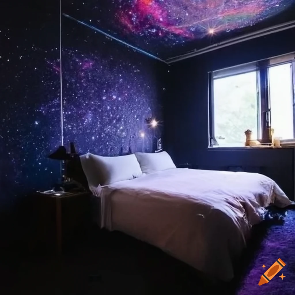 Bedroom with cosmic universe theme featuring galactic colors and stars ...