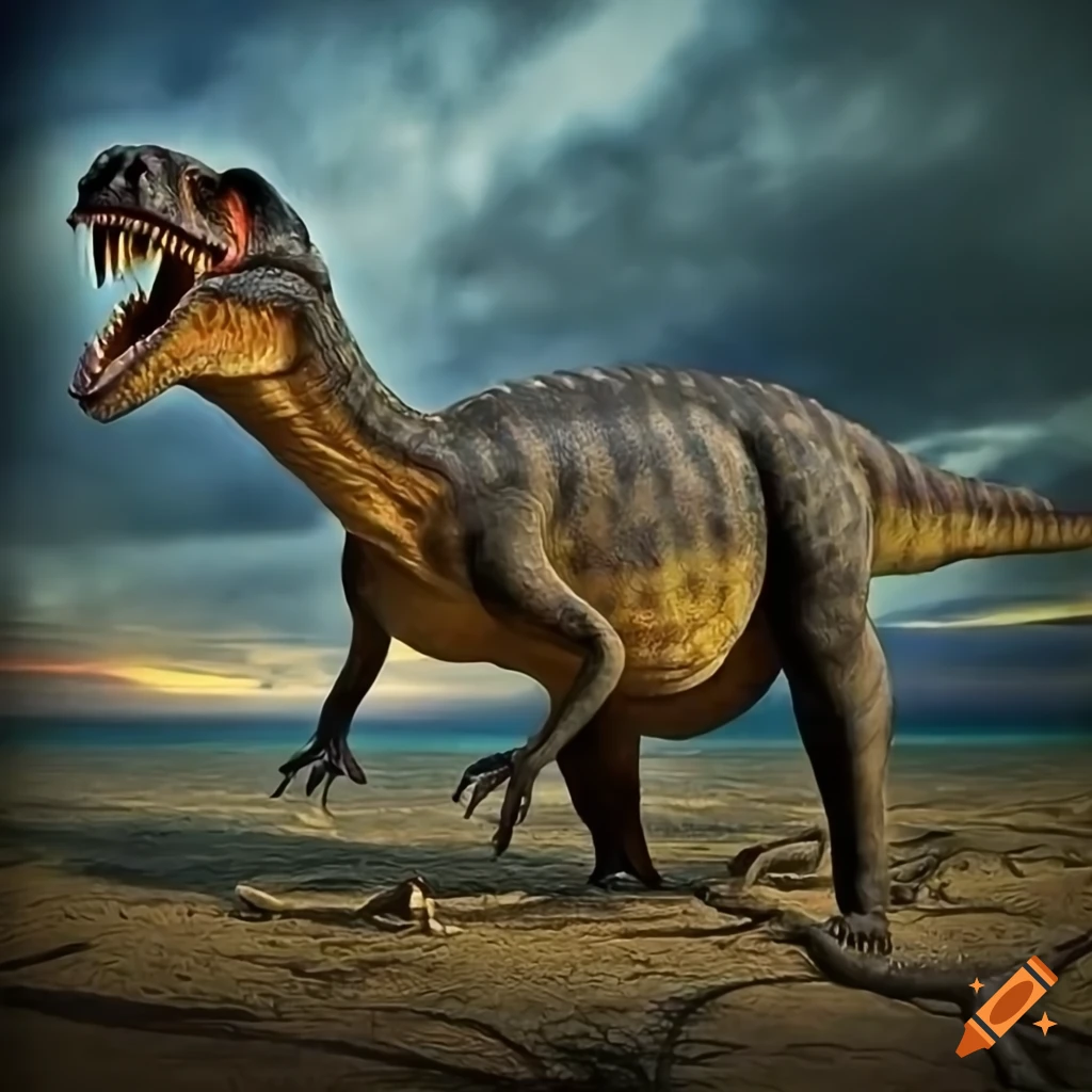 Highly detailed prehistoric scene with a roaring dinosaur on Craiyon