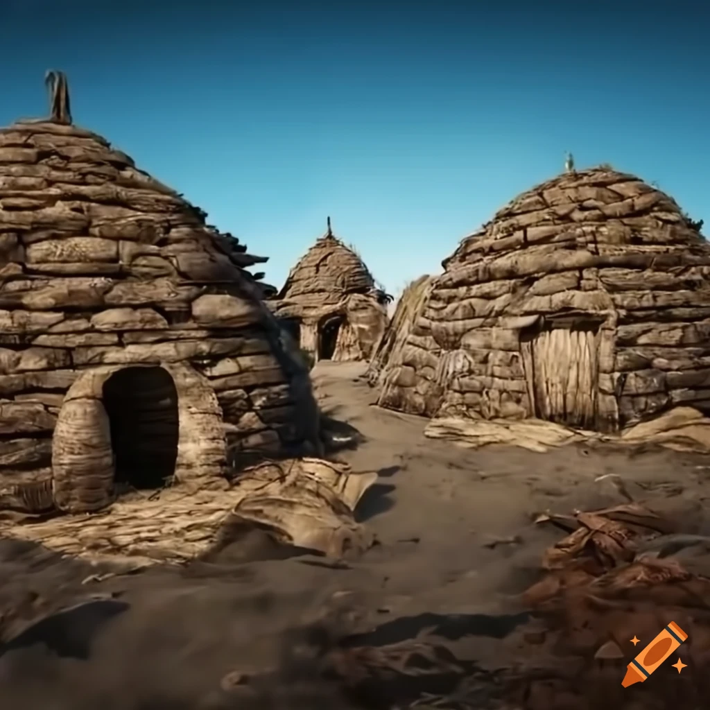Stone beehive huts in the steppe under a clear sky on Craiyon