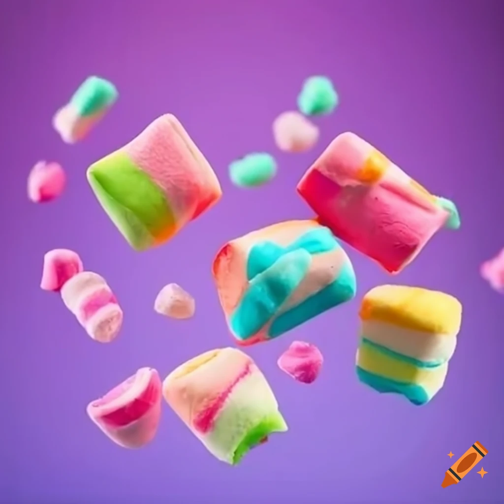 Colorful cute marshmallow candies floating in the air on Craiyon