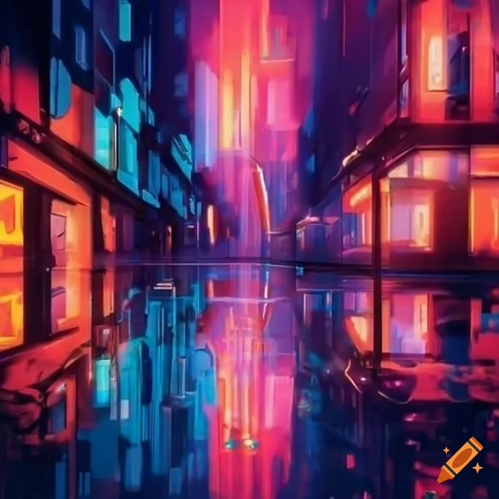 Neon-lit futuristic cityscape in the rain on Craiyon