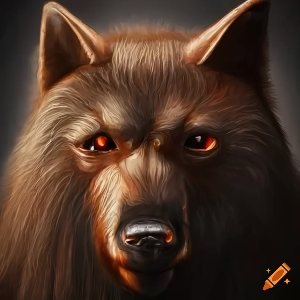 Detailed close-up of an ominous werewolf portrait in shades of brown on ...