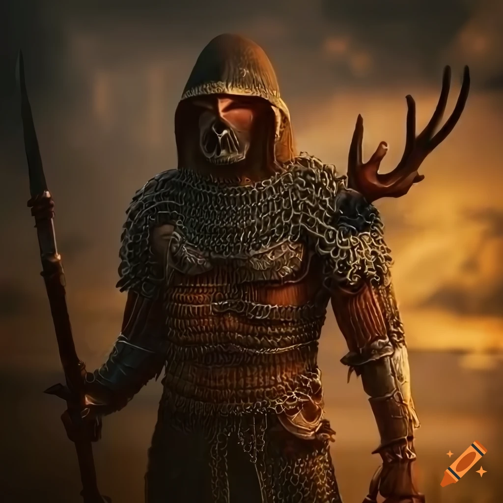Nordic warrior in chainmail armor with a deer skull mask and spear in a ...