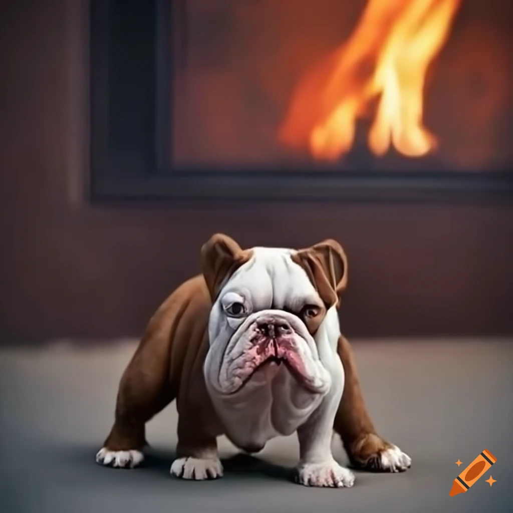 Hyper realistic chocolate english bulldog surrounded by fire on Craiyon