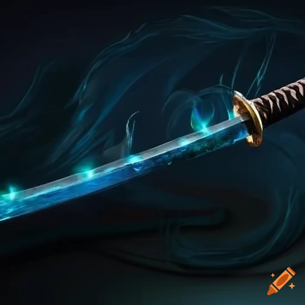 Ancient Japanese katana with glowing blade in water surrounded by light droplets on Craiyon