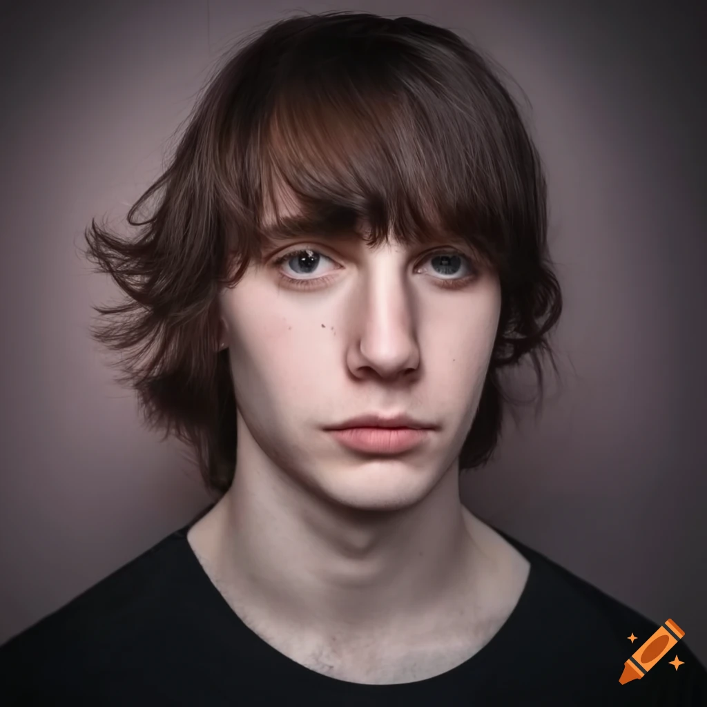 Young pale man with long dark brown hair wearing a black tee with a ...