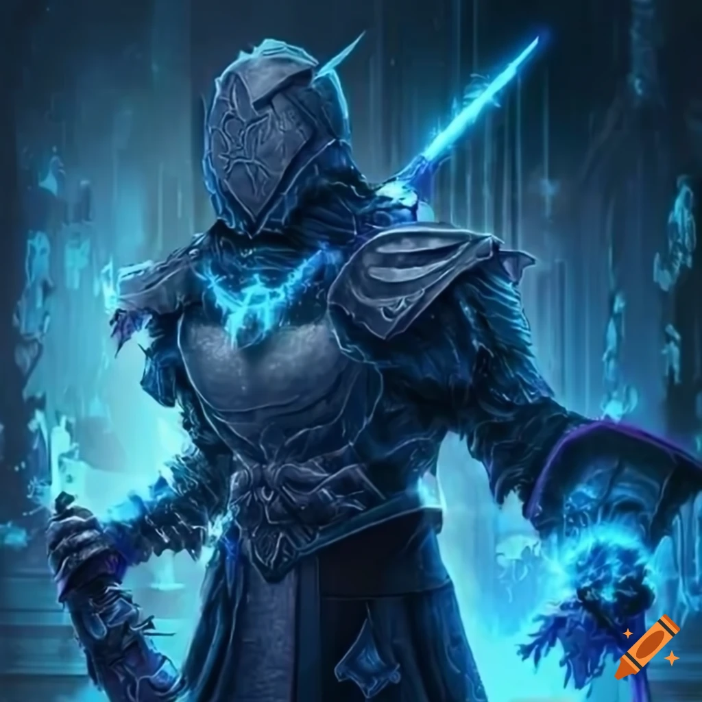 Epic fantasy character in frost-encrusted armor holding a frozen sword ...