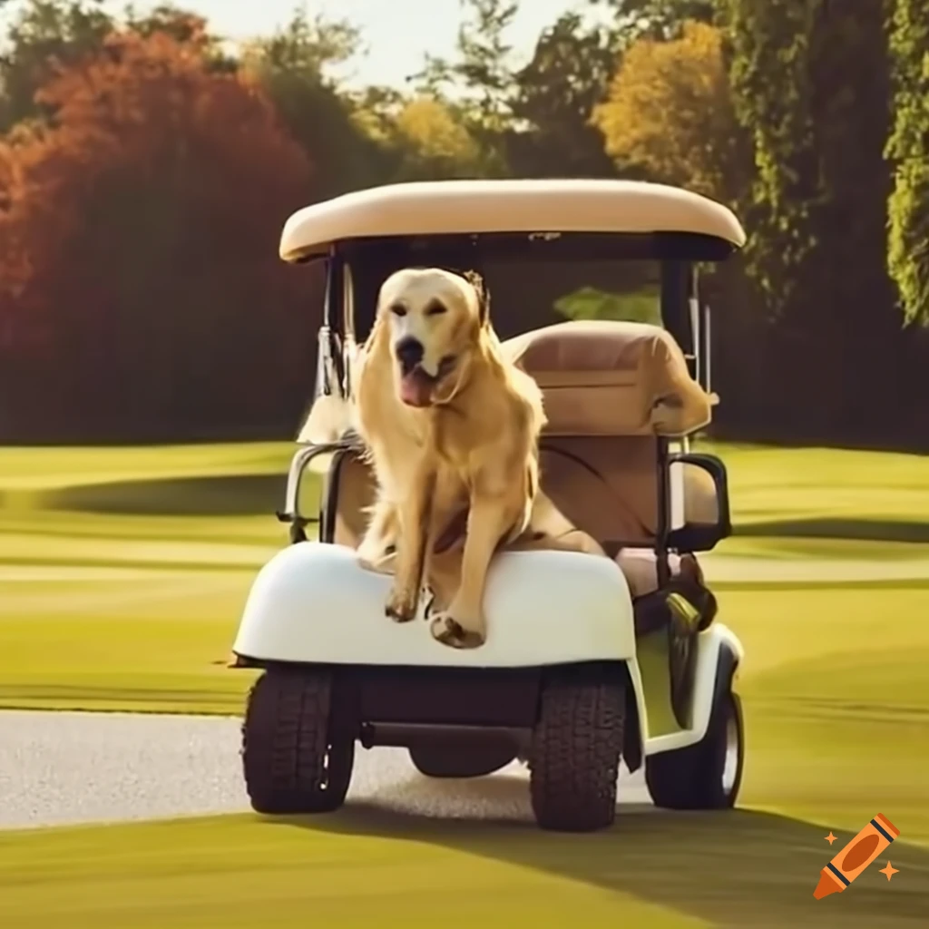 Golden retriever enjoying a ride in a golf cart on Craiyon