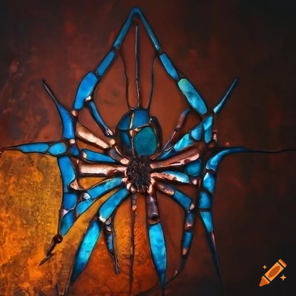 Joro spider in stained glass copper metal tribal design on Craiyon
