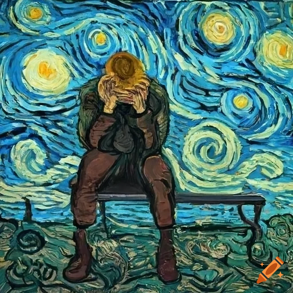 Man sitting on a park bench in grief, van Gogh style on Craiyon