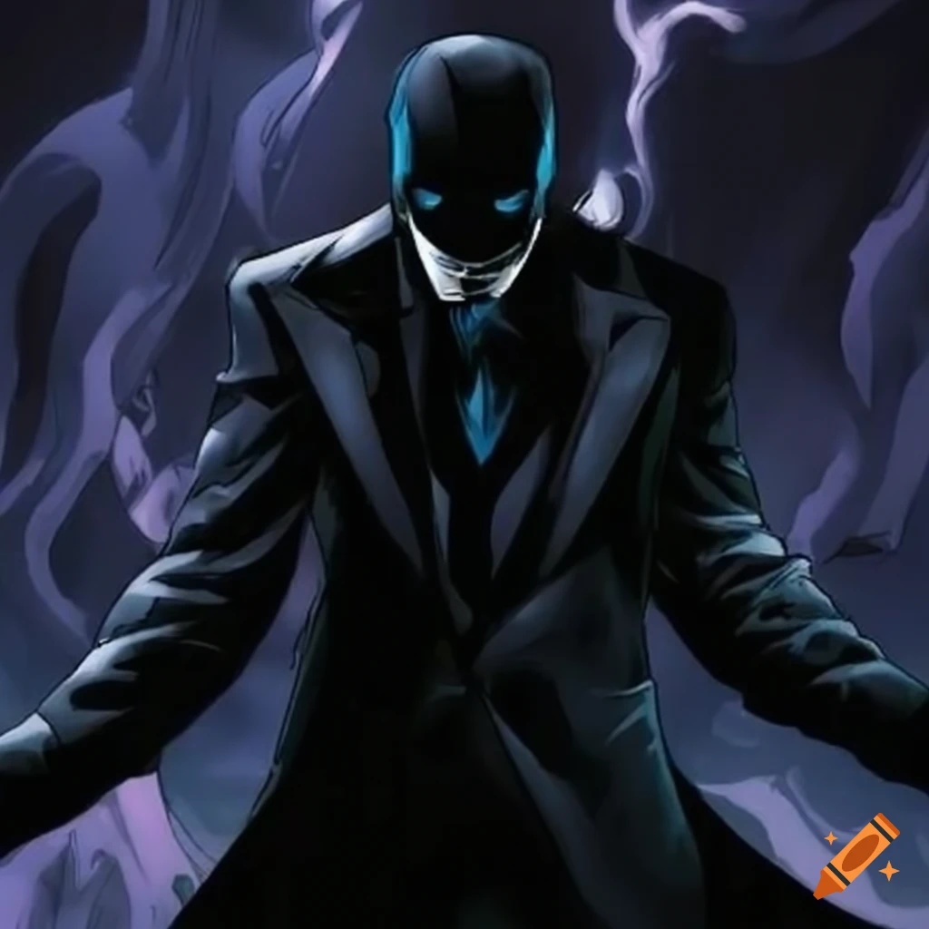 Comic book villain in black suit and blue mask on Craiyon