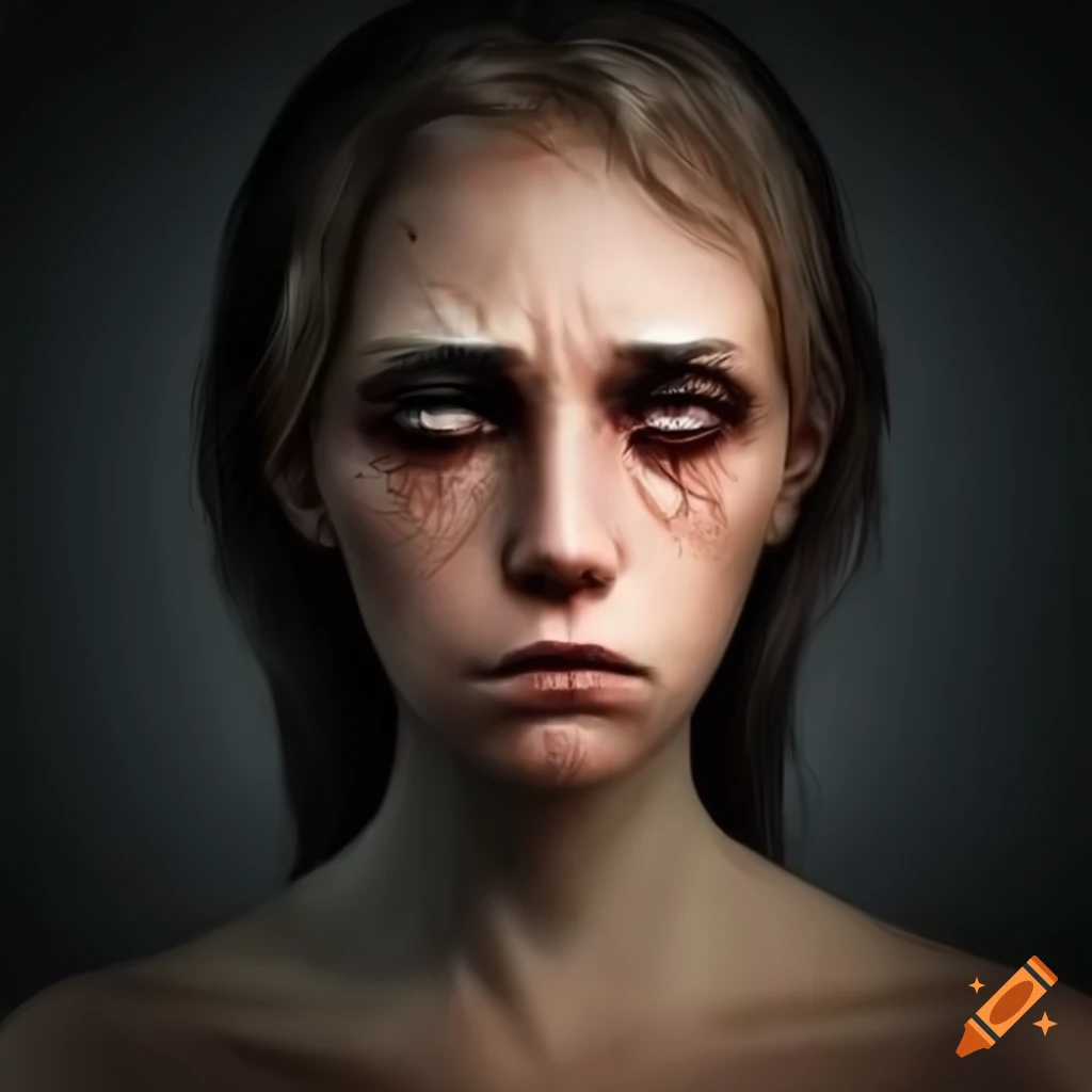 Sad woman with a depressed expression in hyper-realistic style on Craiyon