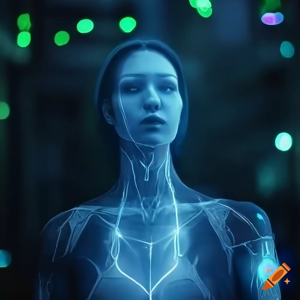 Portrait of a colorful hologram girl in a cyberpunk setting on Craiyon