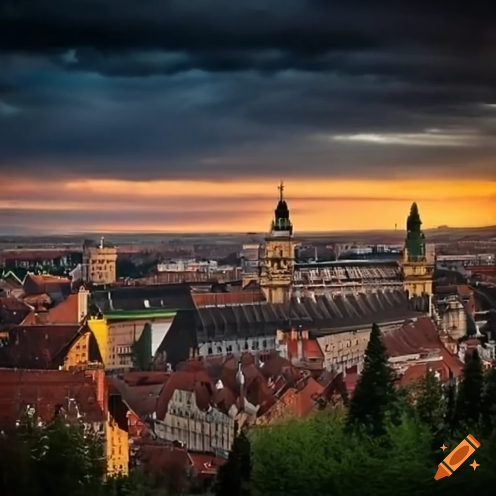 Wooden football stadium with graz city skyline in the background on Craiyon