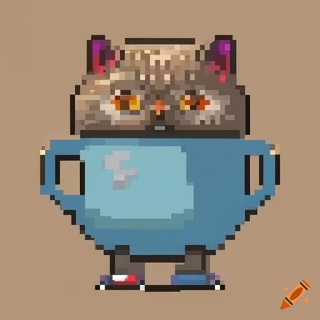 8 bit art cat enjoying a cup of coffee on Craiyon