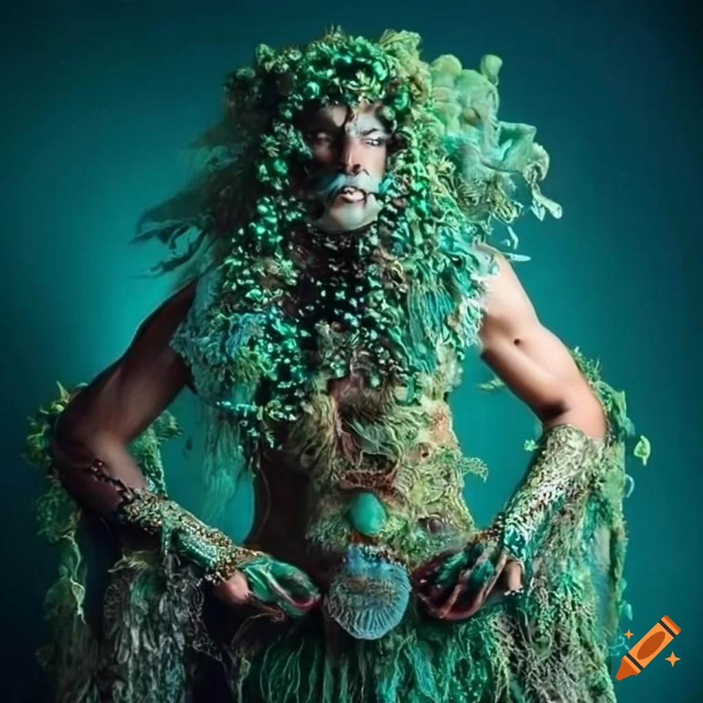 Elaborate moss and seashell outfit worn by a mythical sea creature at a ...