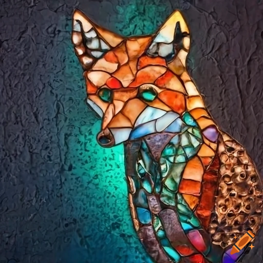 Fox stained glass metal copper with gem stones on tribal design on Craiyon