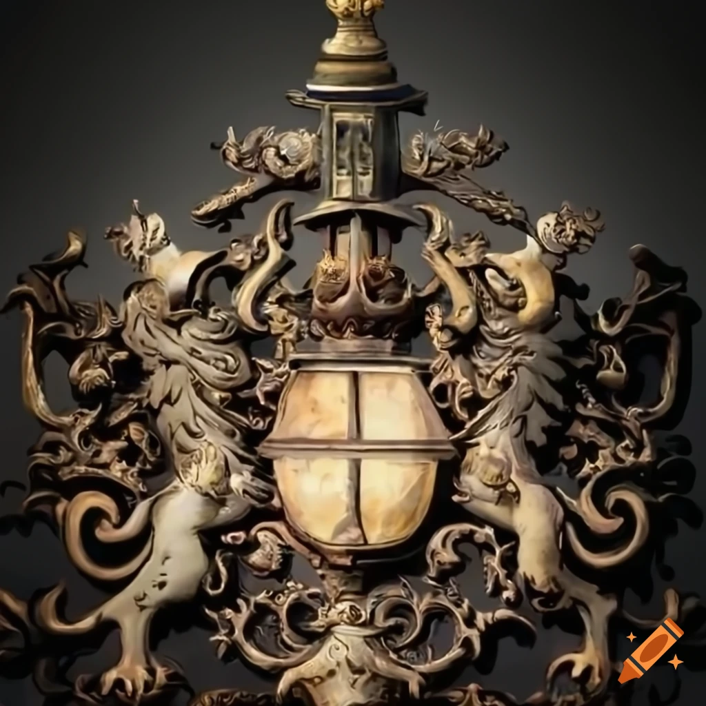 Intricate historic coat of arms with lit lantern, swords, and branches ...