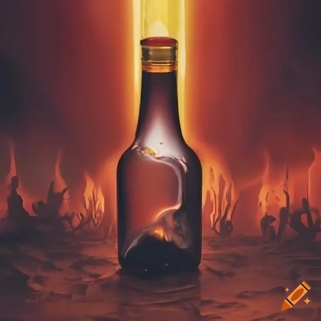 Alcohol bottle in a fiery hell on Craiyon
