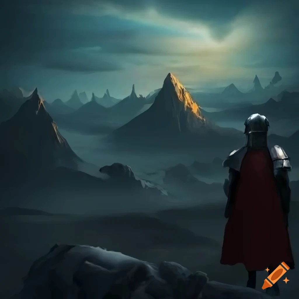 Knights gazing at the view from a mountain in a dark fantasy setting on ...