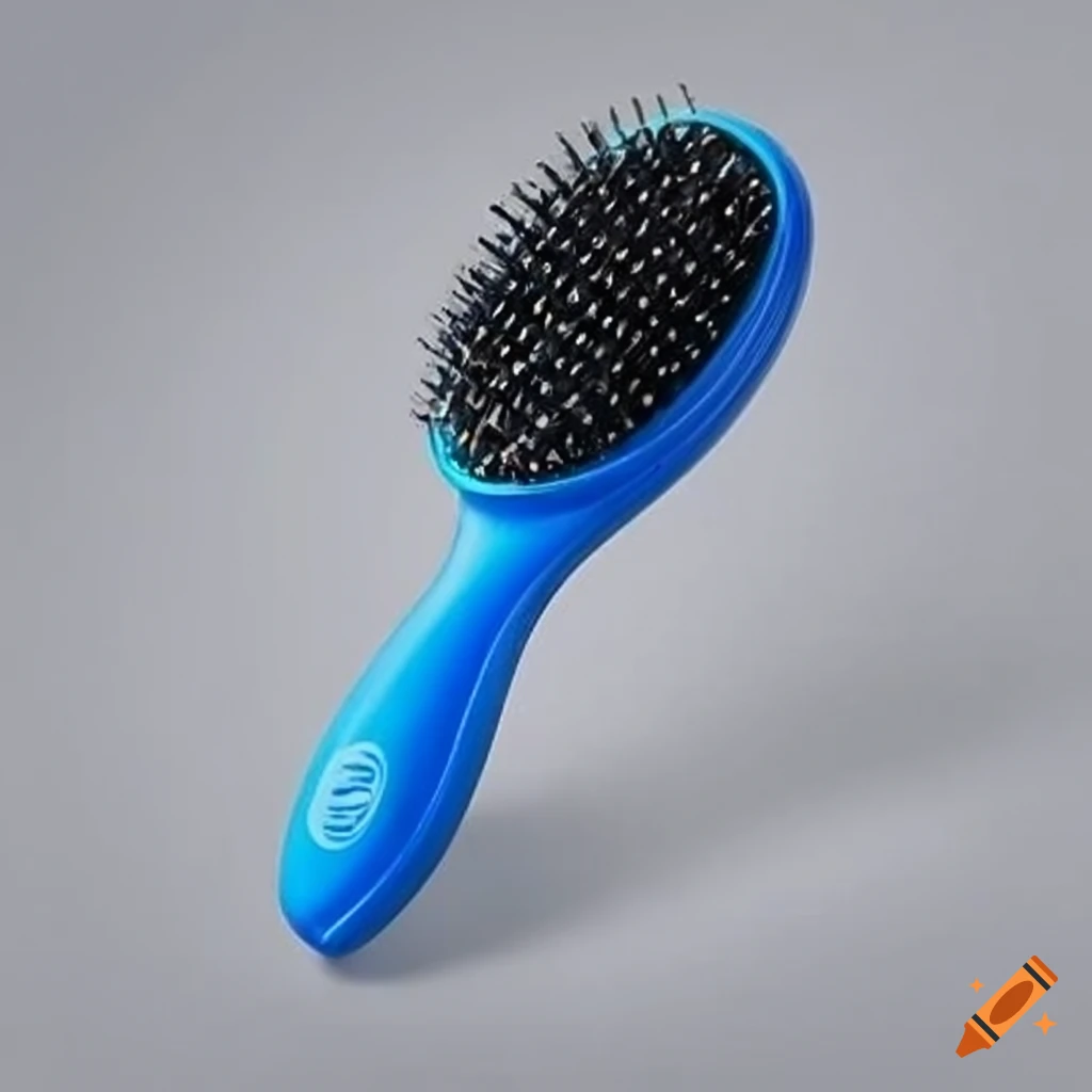 Blue hair brush with spray button and dry shampoo cartridge on Craiyon