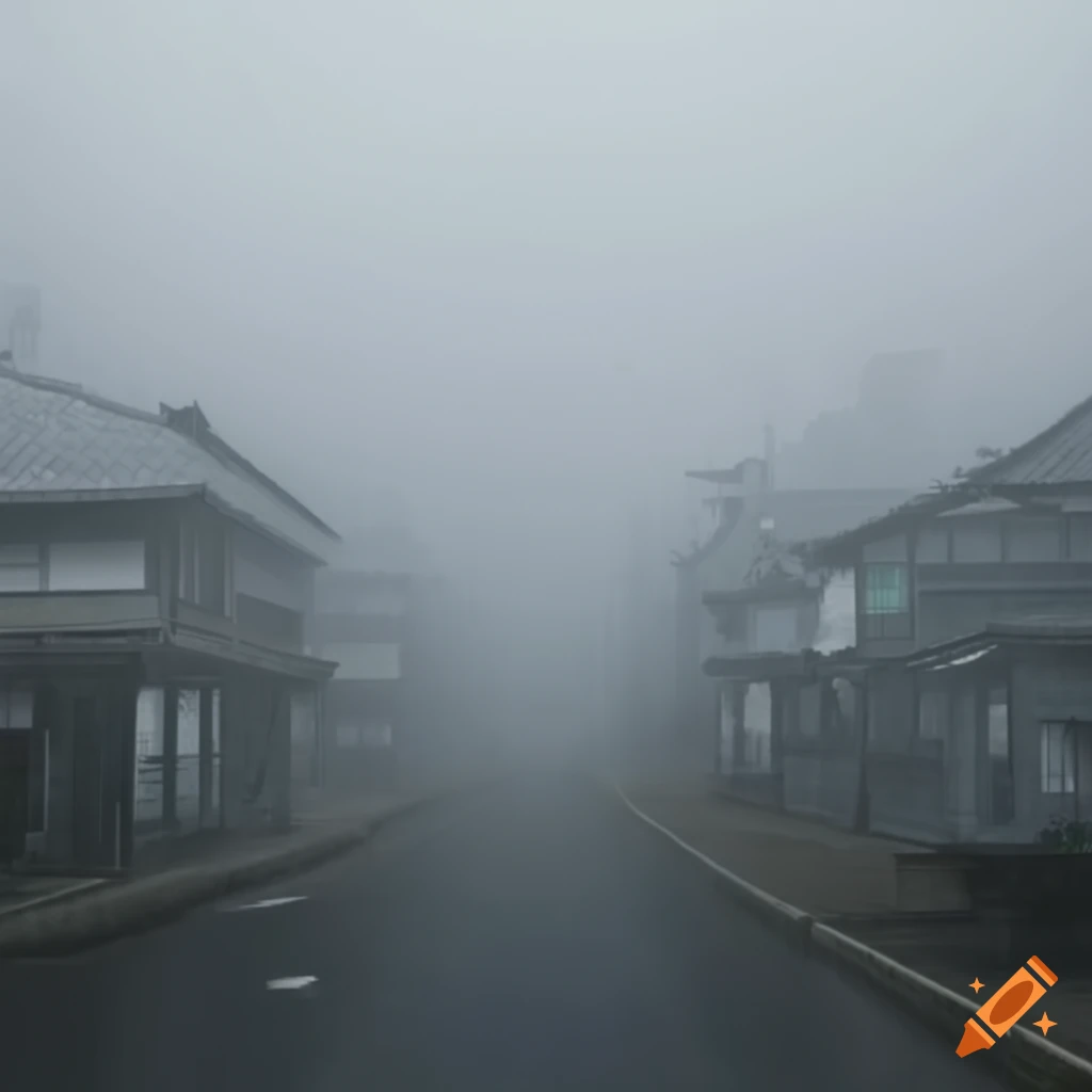 Ghost town shrouded in dense fog, reminiscent of a modern japanese town ...