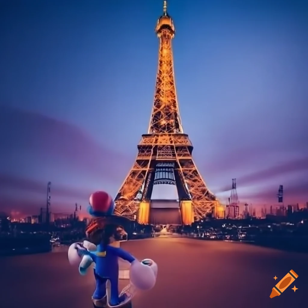 Mario and Yoshi at the Eiffel Tower in Paris from an aerial perspective ...