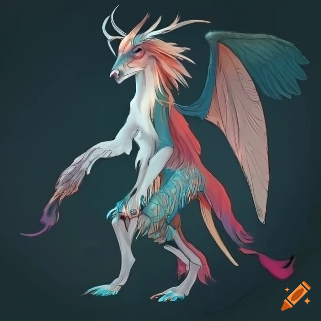 Elegant and graceful hybrid mythical creature with expressive eyes and long tail on Craiyon