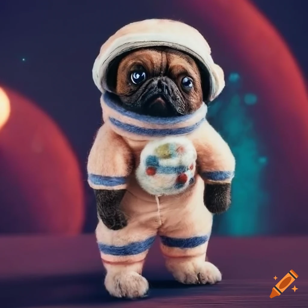 Felted wool pug in a spacesuit with retro-futuristic space capsule on ...