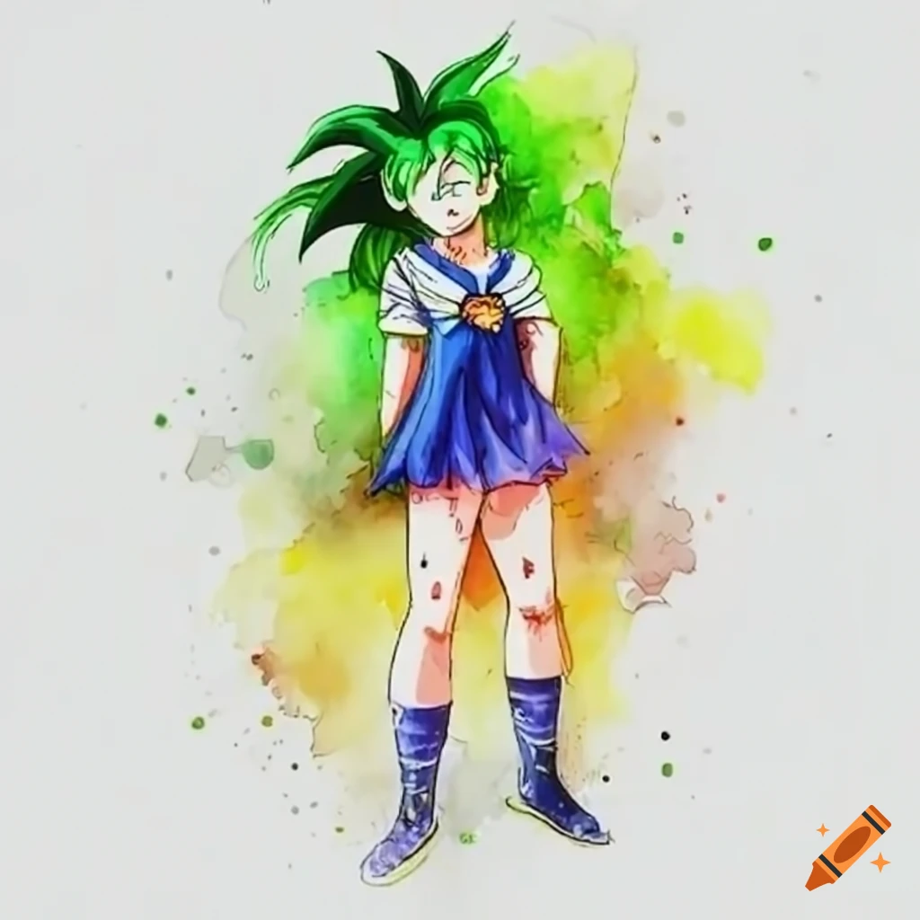 Yellow-green-haired dragon ball girl in sailor scout costume on Craiyon