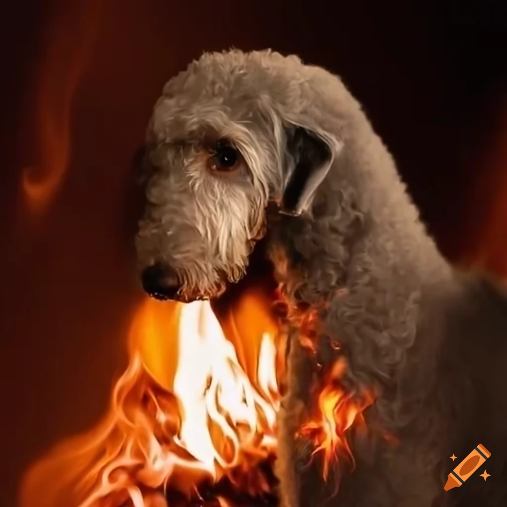 Hyper realistic Bedlington terrier surrounded by fire on Craiyon