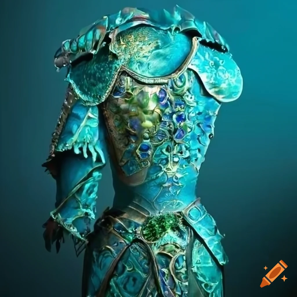 Intricately designed Sahuagin-themed armor with oceanic coral motifs on ...