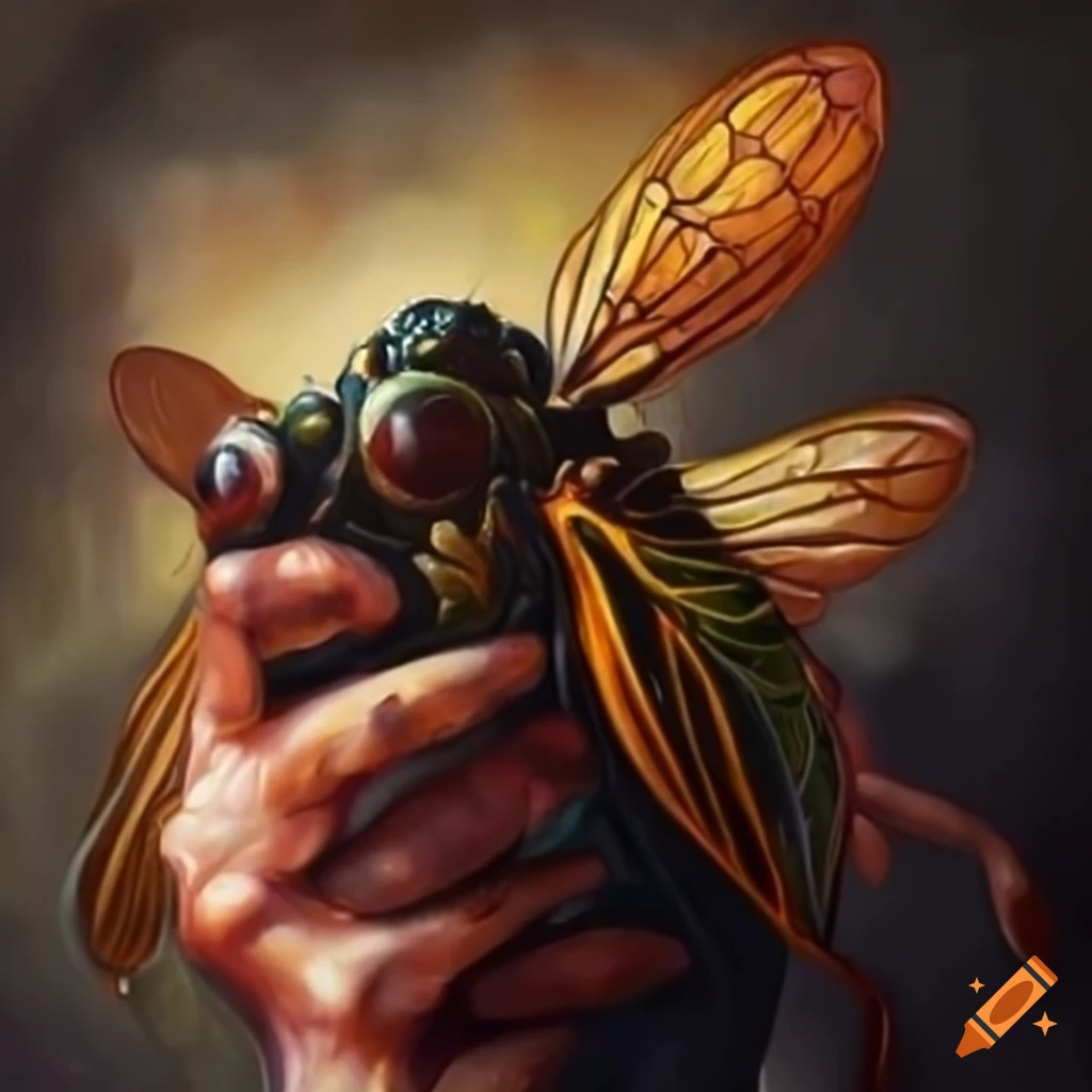 Human holding cicada by its wings on Craiyon