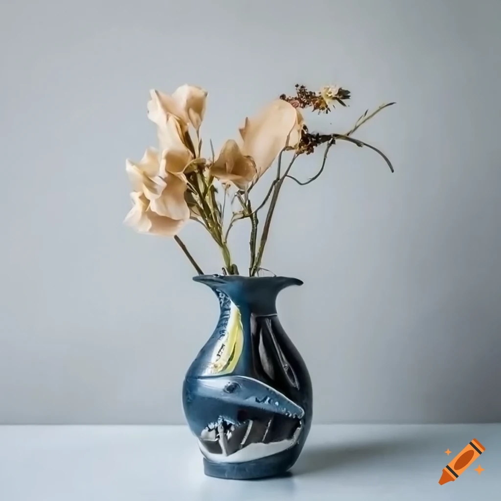 Shark-themed vase with wilted flowers in a product photo on Craiyon
