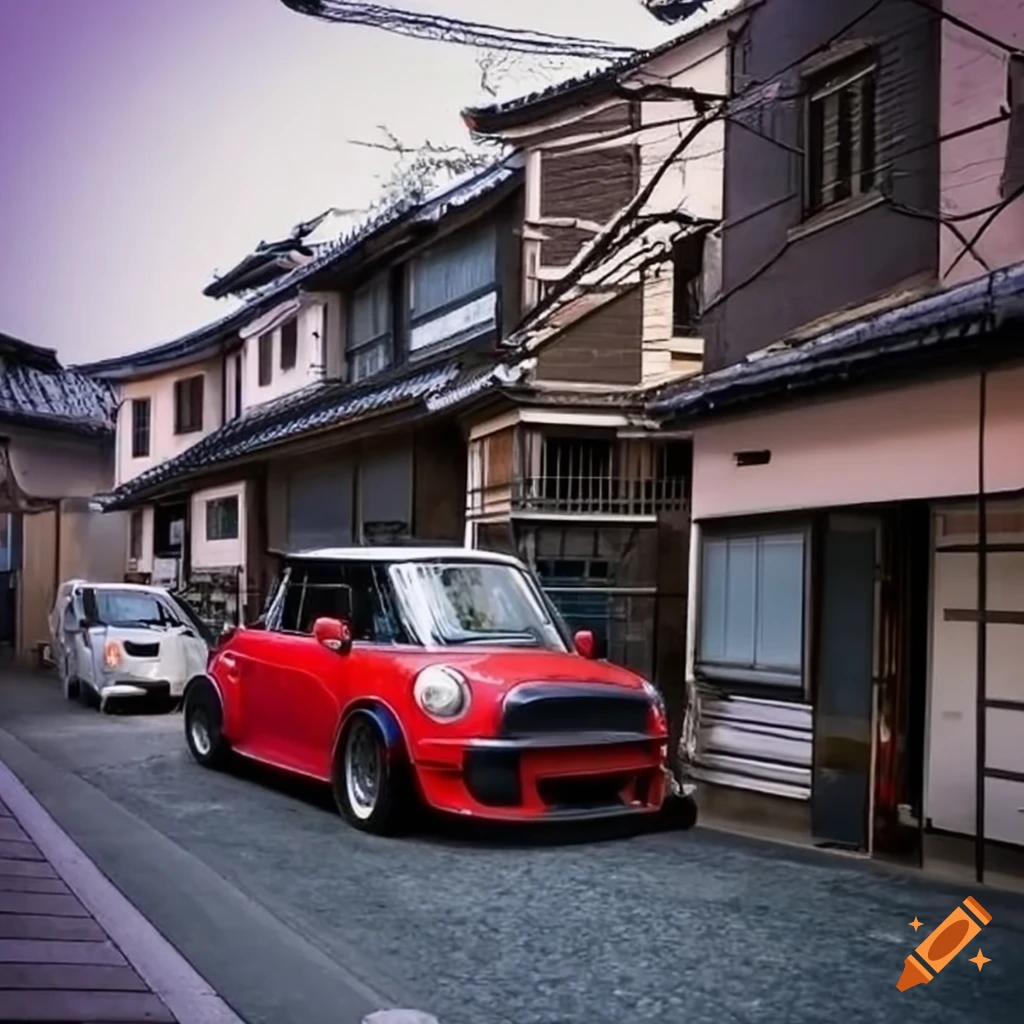 Japanese backstreet with a modified Mini parked next to a building on Craiyon