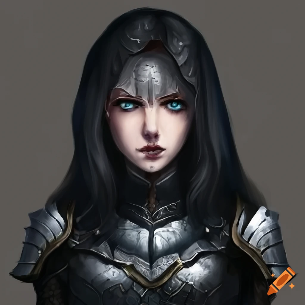 White female noble knight in black armor with glowing blue eyes on Craiyon