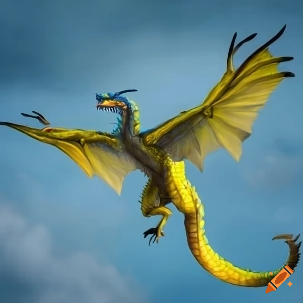 Yellow-cyan wyvern dragon flying in a dark blue cloudy sky on Craiyon