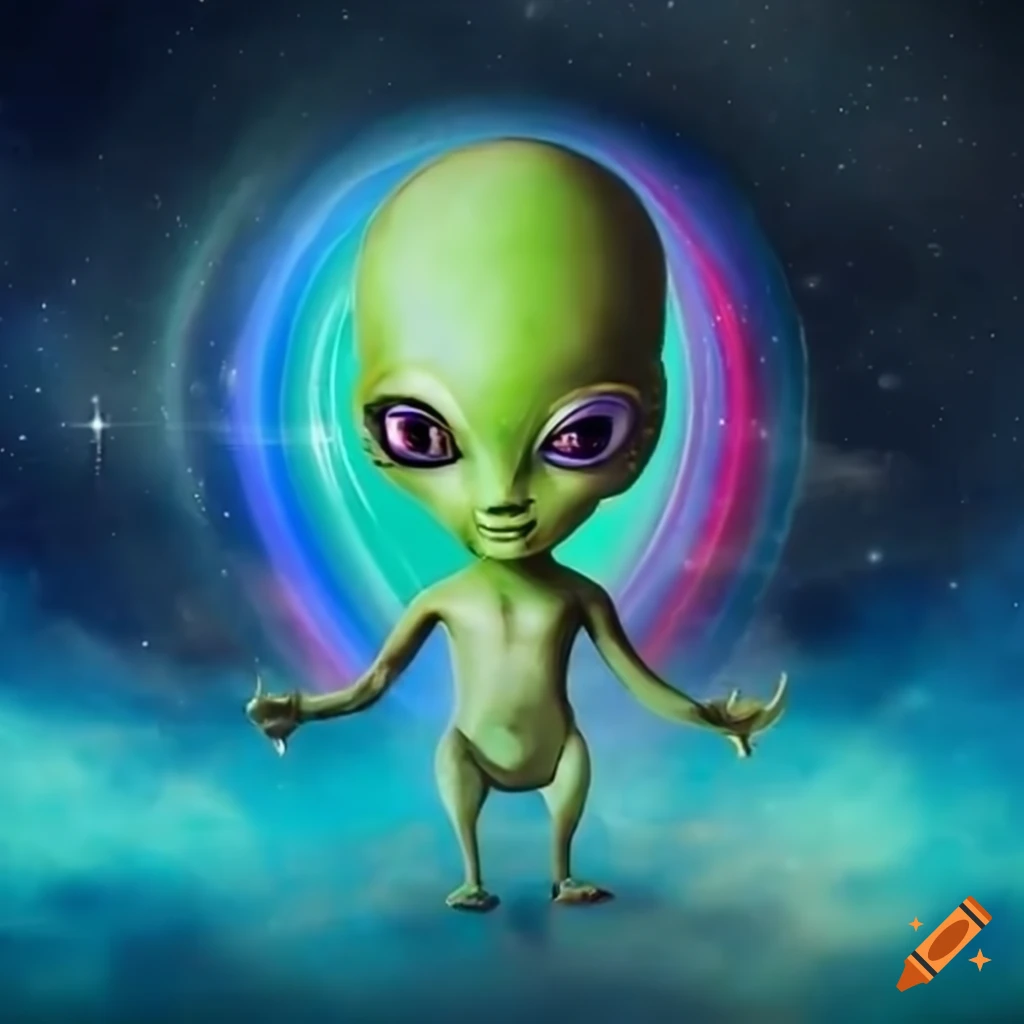 Alien buddha floating in space with colorful pills, rainbows, and a ...