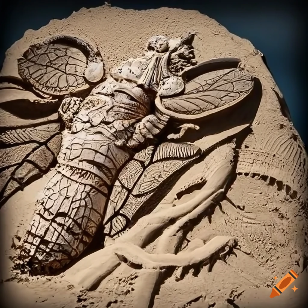 Intricate sand sculpture shaped like a cicada on Craiyon