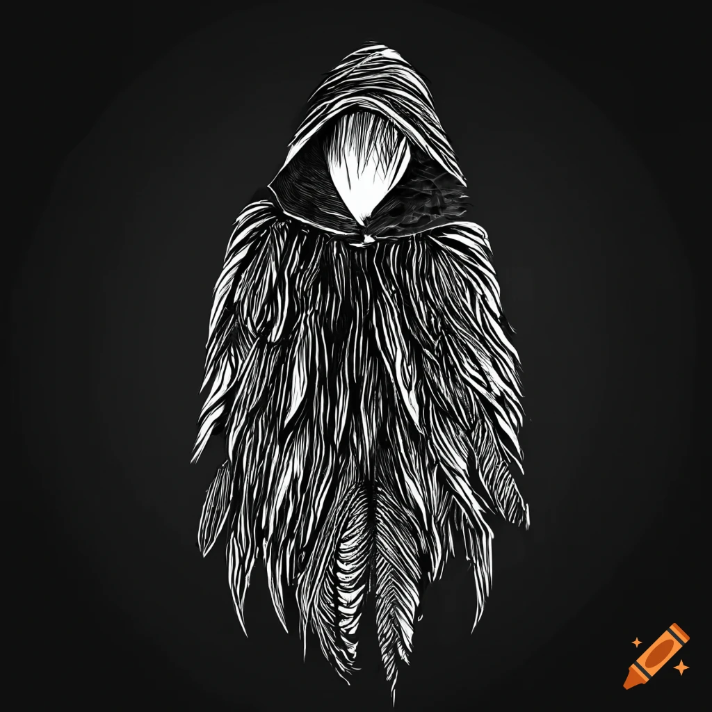 Hooded cloak made of crow feathers in black and white line art on Craiyon