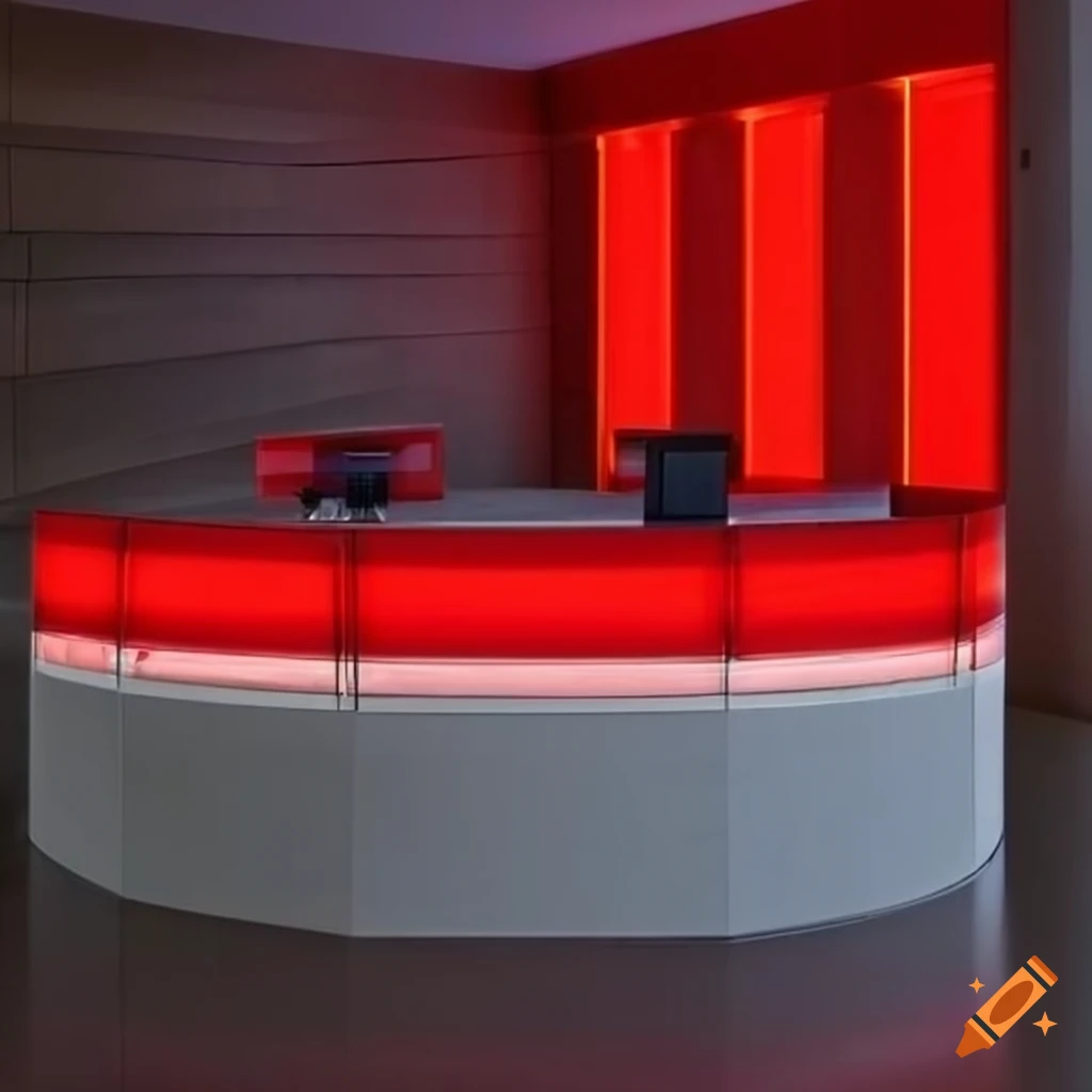 Modern lobby with red-accented led reception desk and waiting area on ...