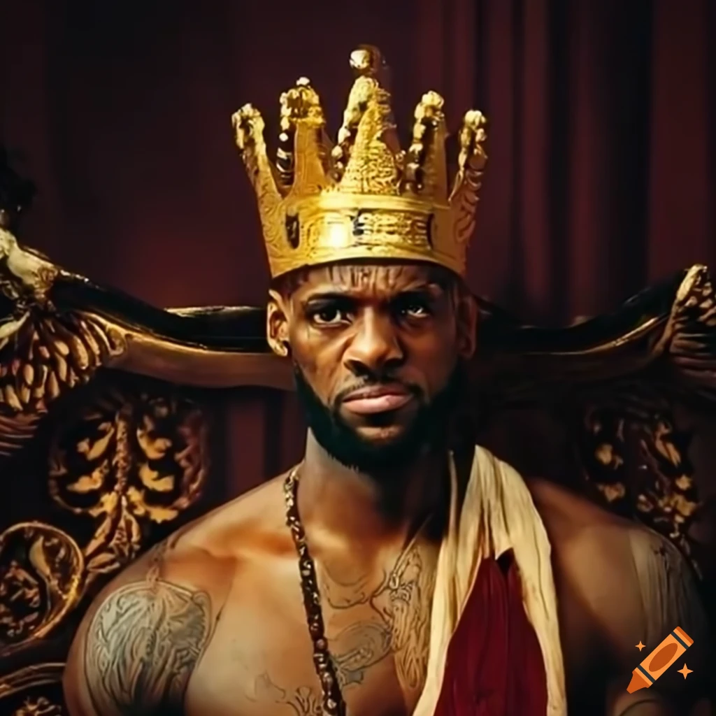 Lebron with a crown sitting on a throne surrounded by angels on Craiyon