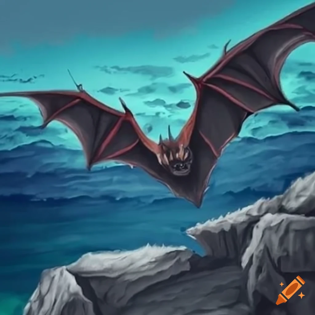 Large bat over a sea cliff on Craiyon
