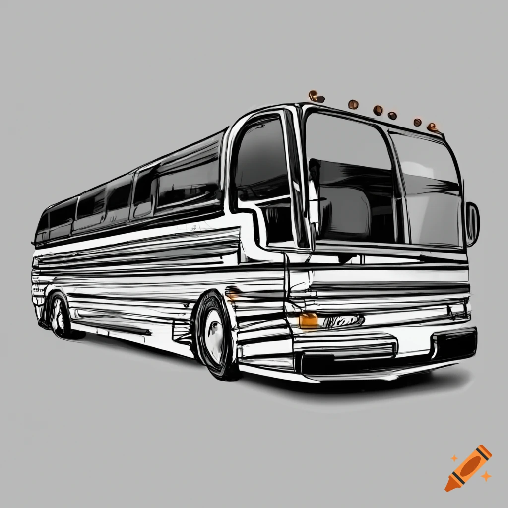 Black and white sketch of a Prevost bus with clean lines on Craiyon