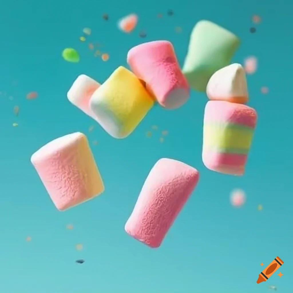 Colorful cute marshmallow candies floating in the air on Craiyon