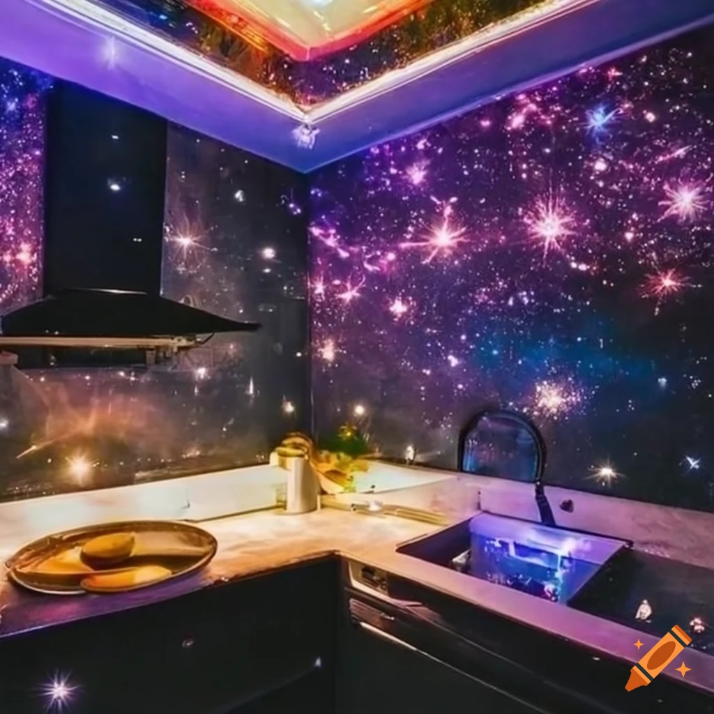 Kitchen with a cosmic universe theme featuring galactic colors and ...