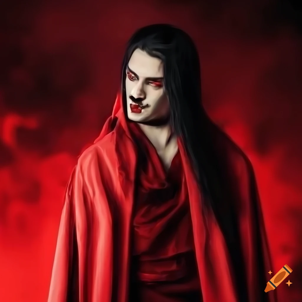 Young handsome vampire in red robe with red eyes and black hair against ...